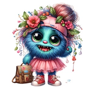 12 Blue Monster Clipart PNG, Cute Monster With Flowers and Backpack ...