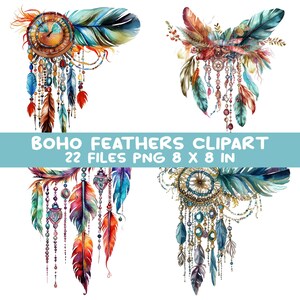 Feathers Clipart Bundles, 22 PNG Boho Watercolor Beaded Plumes Garland ...