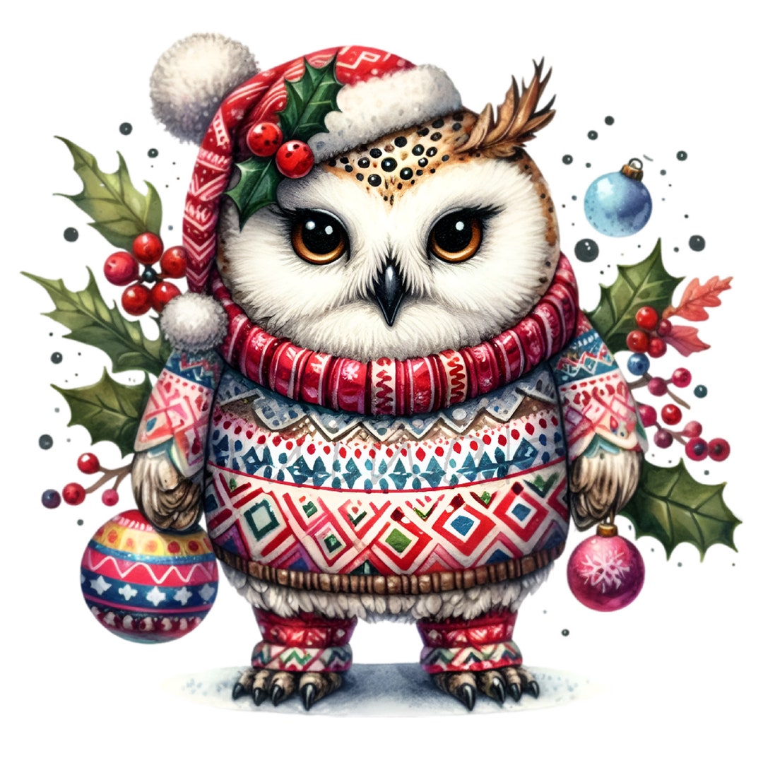 Christmas Owl PNG Clipart, 12 Festive Owl in Holiday Sweater, Cute ...
