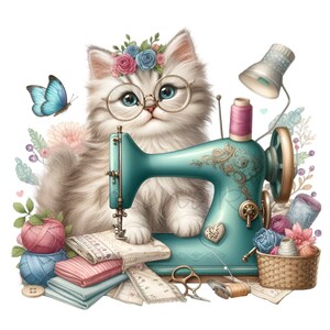 Kitten Clip Art, 12 PNG Cat Sewing Craft, Seamstress Sewing Machine ...