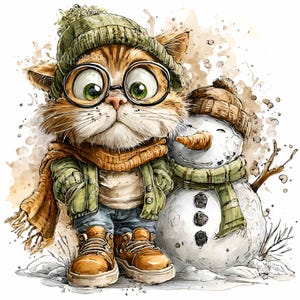 15 PNG Winter Cat and Snowman Clipart – Cute Cold Weather PNG – Holiday ...