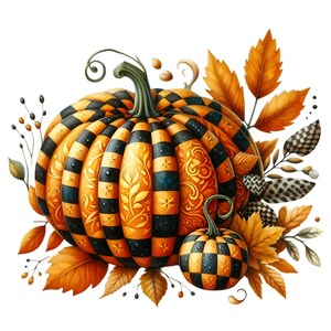 Checkered Pumpkin Clipart With Autumn Leaves, Festive Fall Decor for ...
