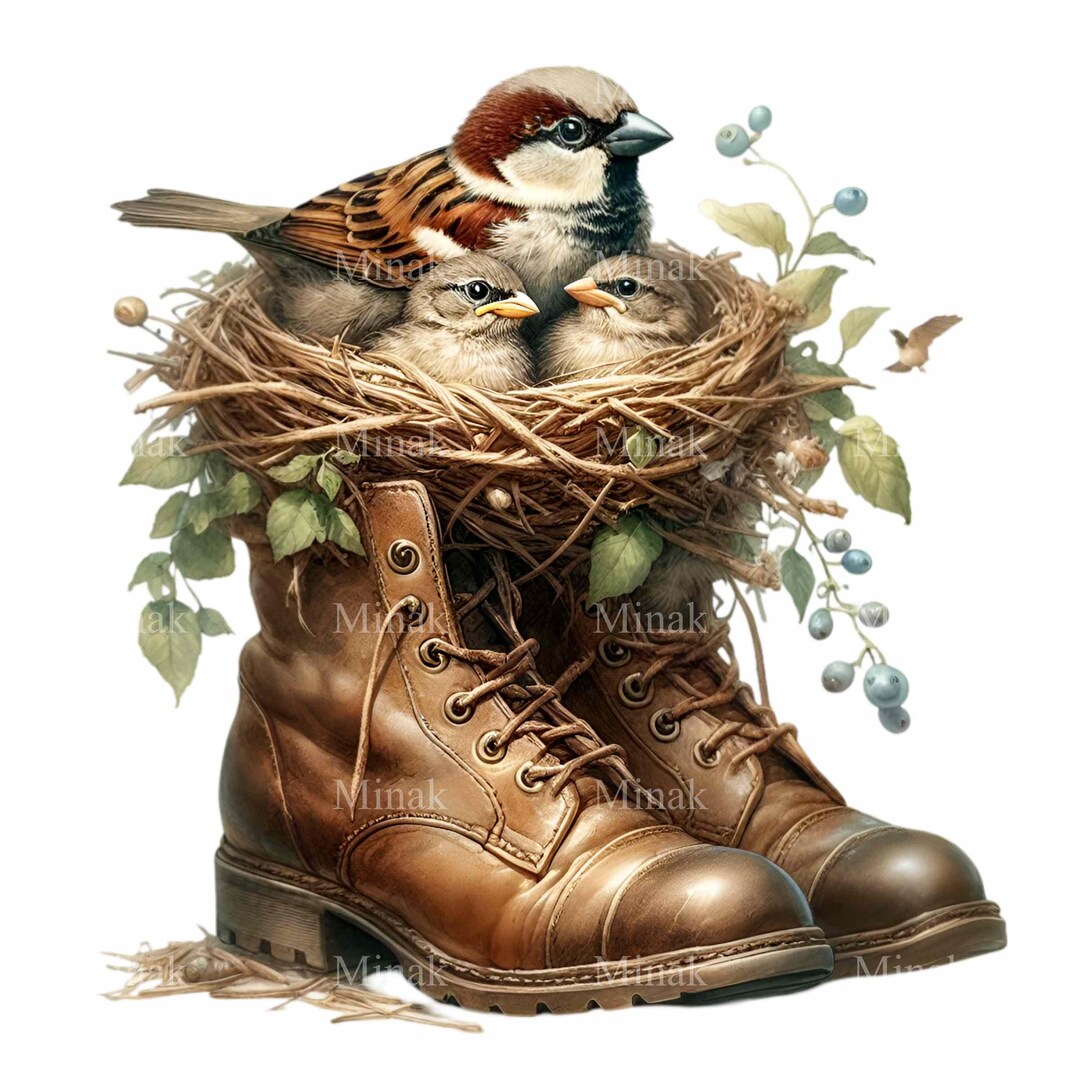 15 Rustic Sparrow Nest PNG Clipart, Birds in a Nest on Vintage Boots ...