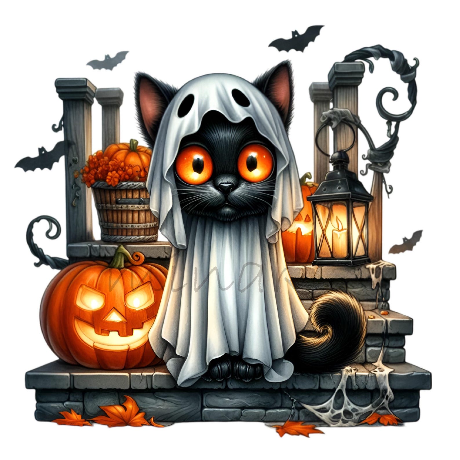 Spooky Cat in Ghost Costume With Pumpkins 12 Halloween Clipart PNG for ...