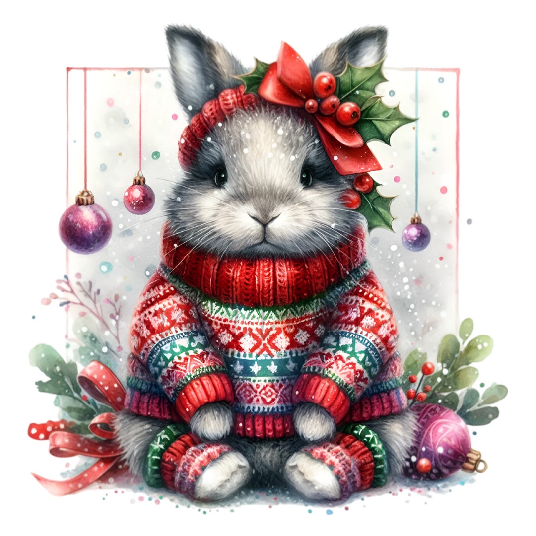 Cute Christmas Bunny Clipart 15 Adorable Rabbit in Festive Sweater With ...
