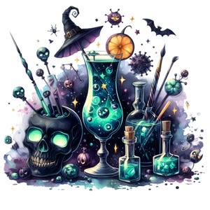 Witch's Brew Halloween Cocktail Watercolor Clipart 10 Spooky Drink Art ...