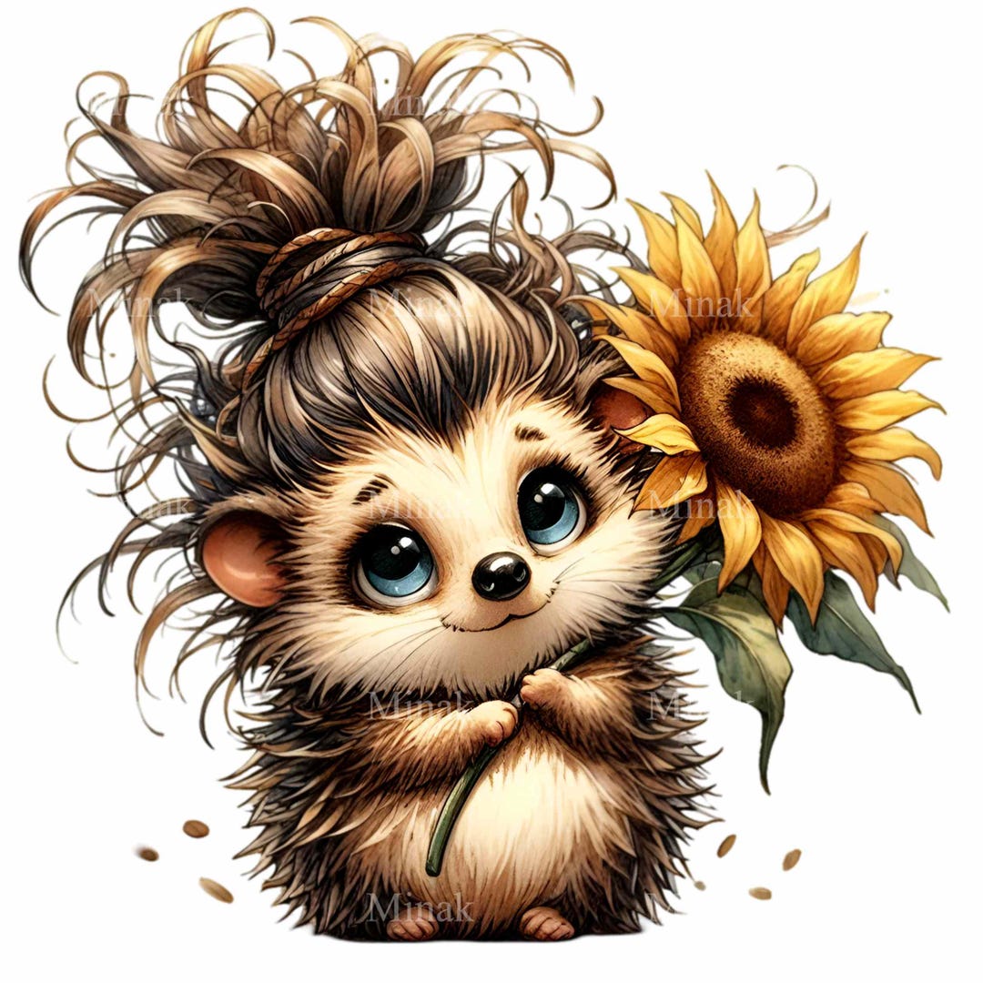 12 Cute Hedgehog PNG Clipart Holding Sunflower With Messy Hair ...