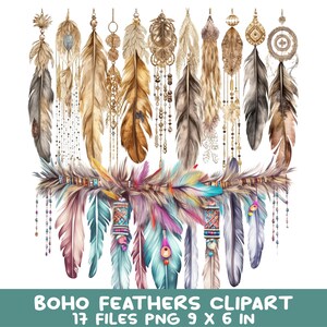 Boho Feathers Clipart Bundles, 17 PNG Watercolor Beaded Plumes Garland ...