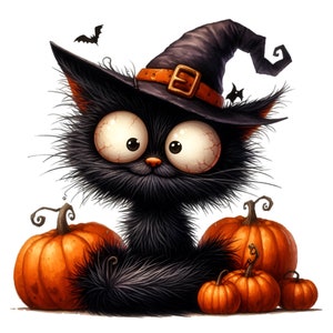 12 Halloween Cat PNG Clipart With Witch Hat, Pumpkins, Bats, Big Eyes ...