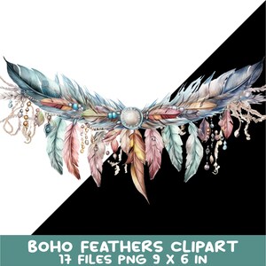 Boho Feathers Clipart Bundles, 17 PNG Watercolor Beaded Plumes Garland ...