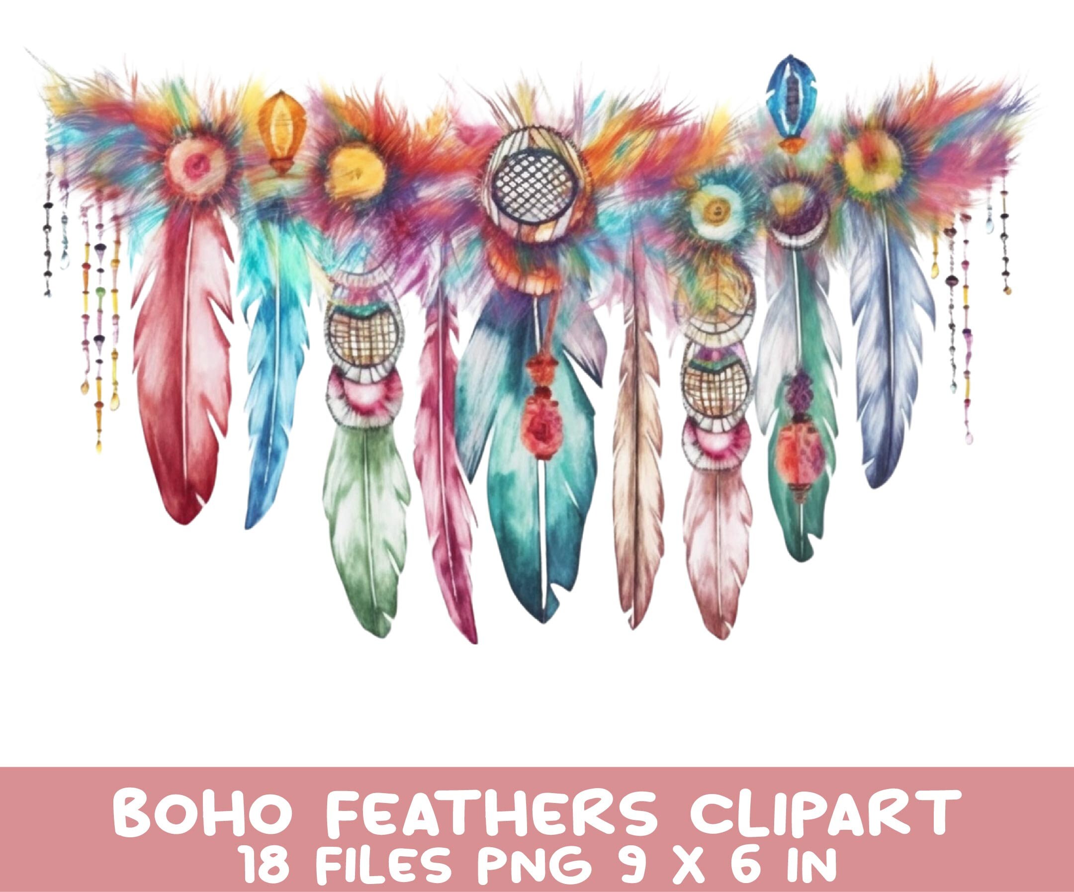 Boho Feathers Clipart Bundles, 18 PNG Watercolor Beaded Plumes Garland ...