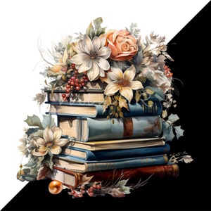Vintage Book Stack PNG Clipart | 10 Floral Books Arrangement | Elegant ...