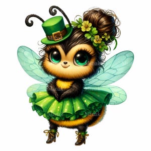 10 Cute Irish Bee PNG Clipart, Adorable Bumblebee in Green Dress With ...
