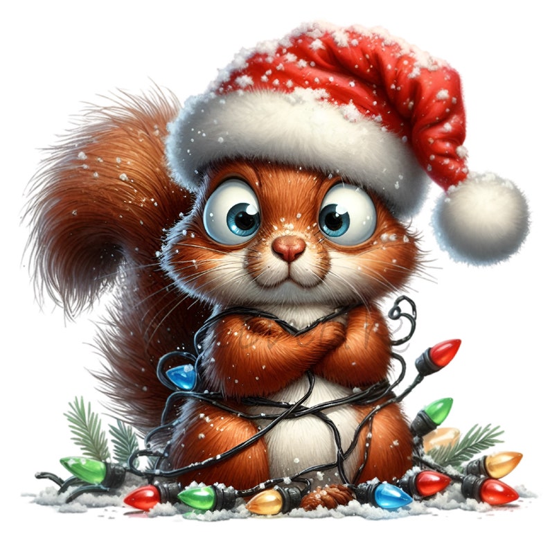 15 PNG Christmas Lights Squirrel – Cute Holiday PNG Clipart – Santa Hat Winter Animal for Cards ...