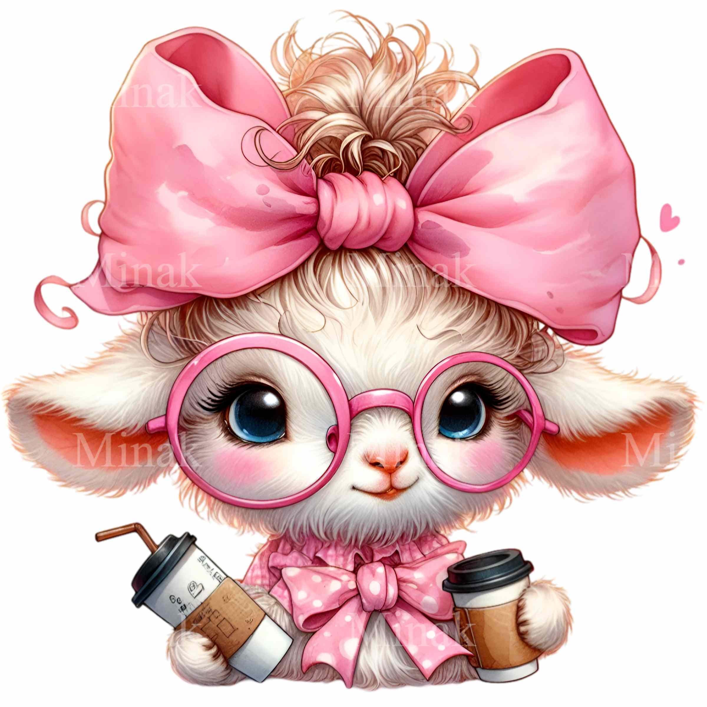 12 PNG Watercolor Goat Glasses Pink Bow Coffee Cup Clipart, Baby Farm ...
