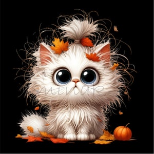 Adorable Fluffy Cat Clipart With Autumn Leaves and Pumpkins | Cute Fall ...