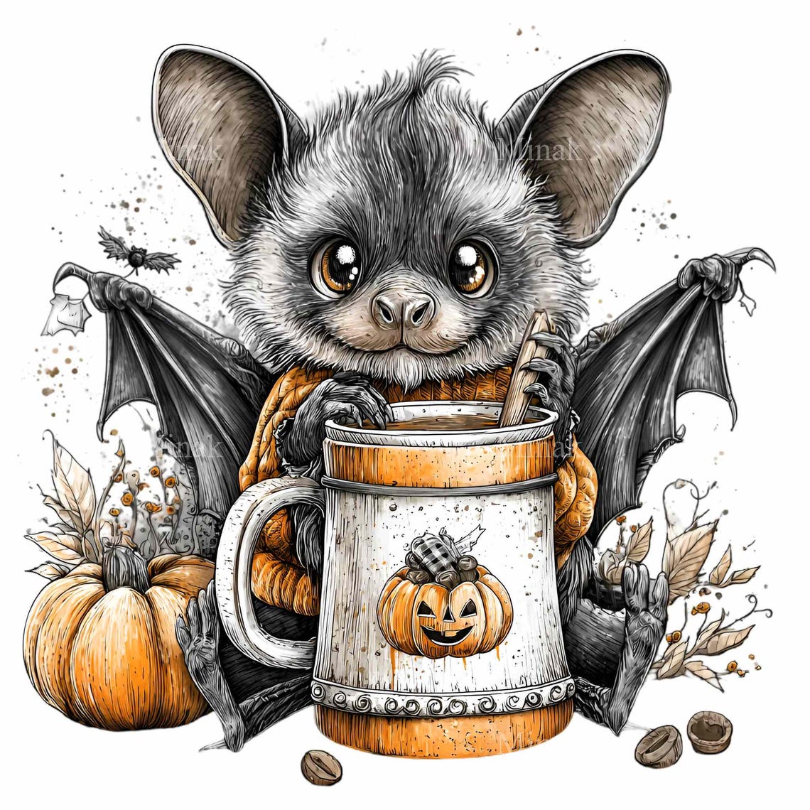 15 PNG Halloween Bat Coffee Pumpkin Clipart, Spooky Morning Fall Animal ...