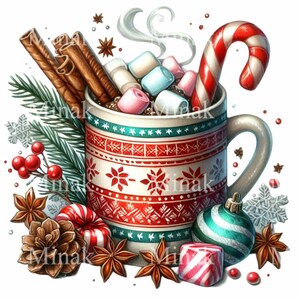 Christmas Hot Cocoa Clipart, 12 Festive Cup With Marshmallows and Candy ...