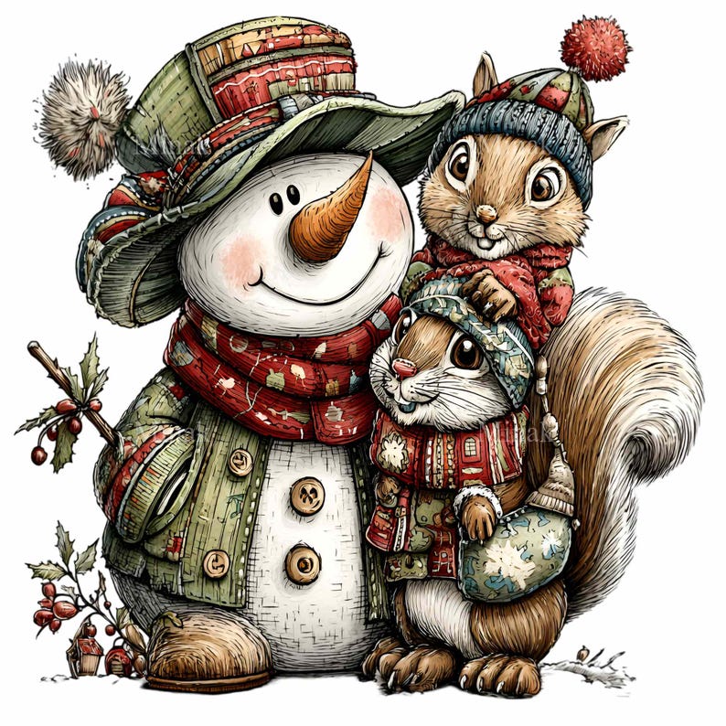 10 PNG Winter Friends Clipart – Snowman Squirrel PNG – Cute Holiday for ...