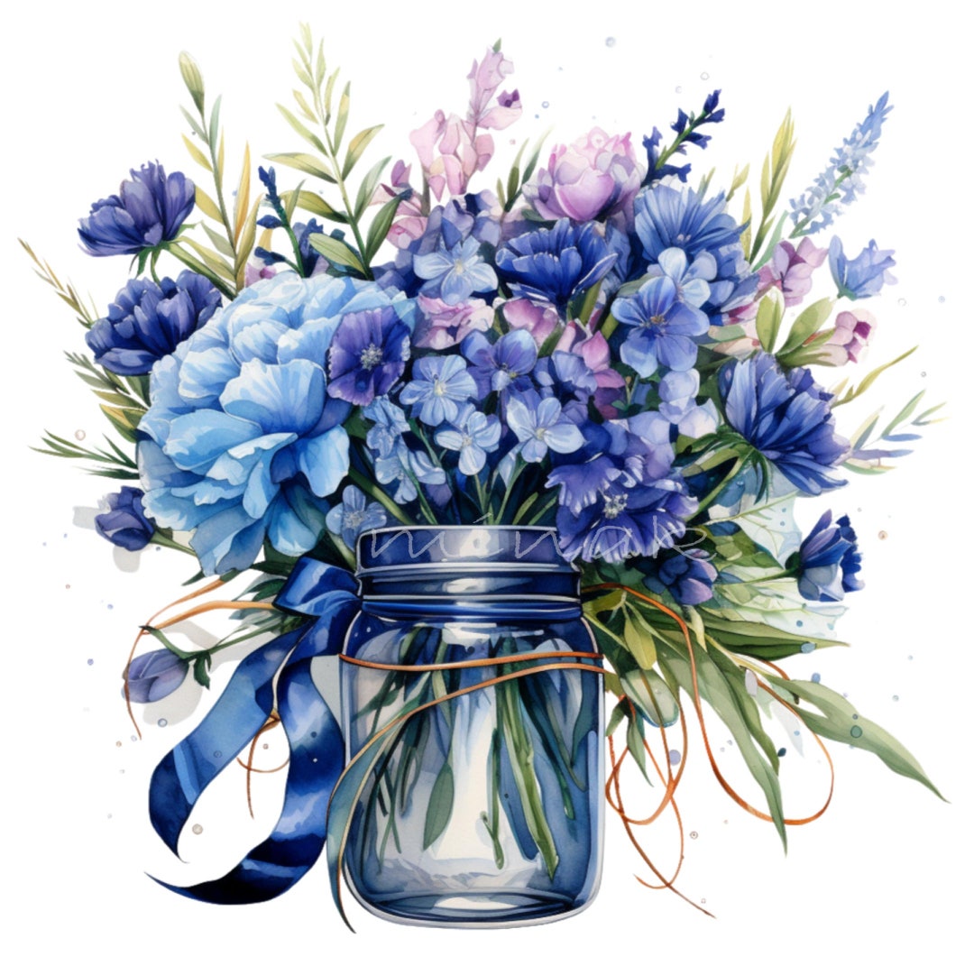 10 Blue Floral Jar PNG Clipart - Mason Jar With Elegant Blue Flowers ...