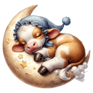 12 PNG Sleeping Calf Clipart – Baby Cow on Moon PNG – Nursery Animal ...
