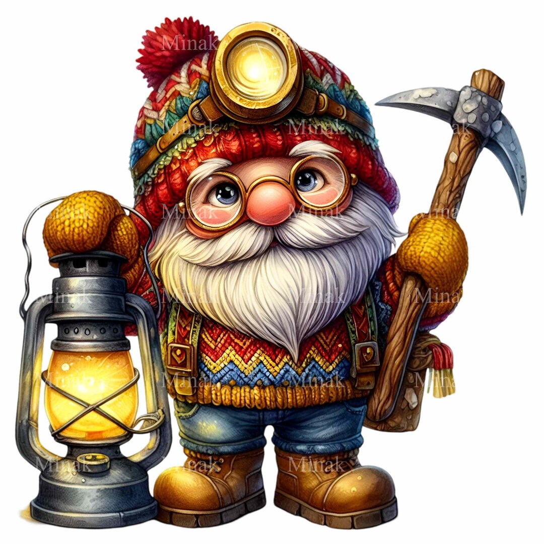 15 PNG Christmas Miner Gnome PNG Clipart With Pickaxe, Lantern, Glasses ...