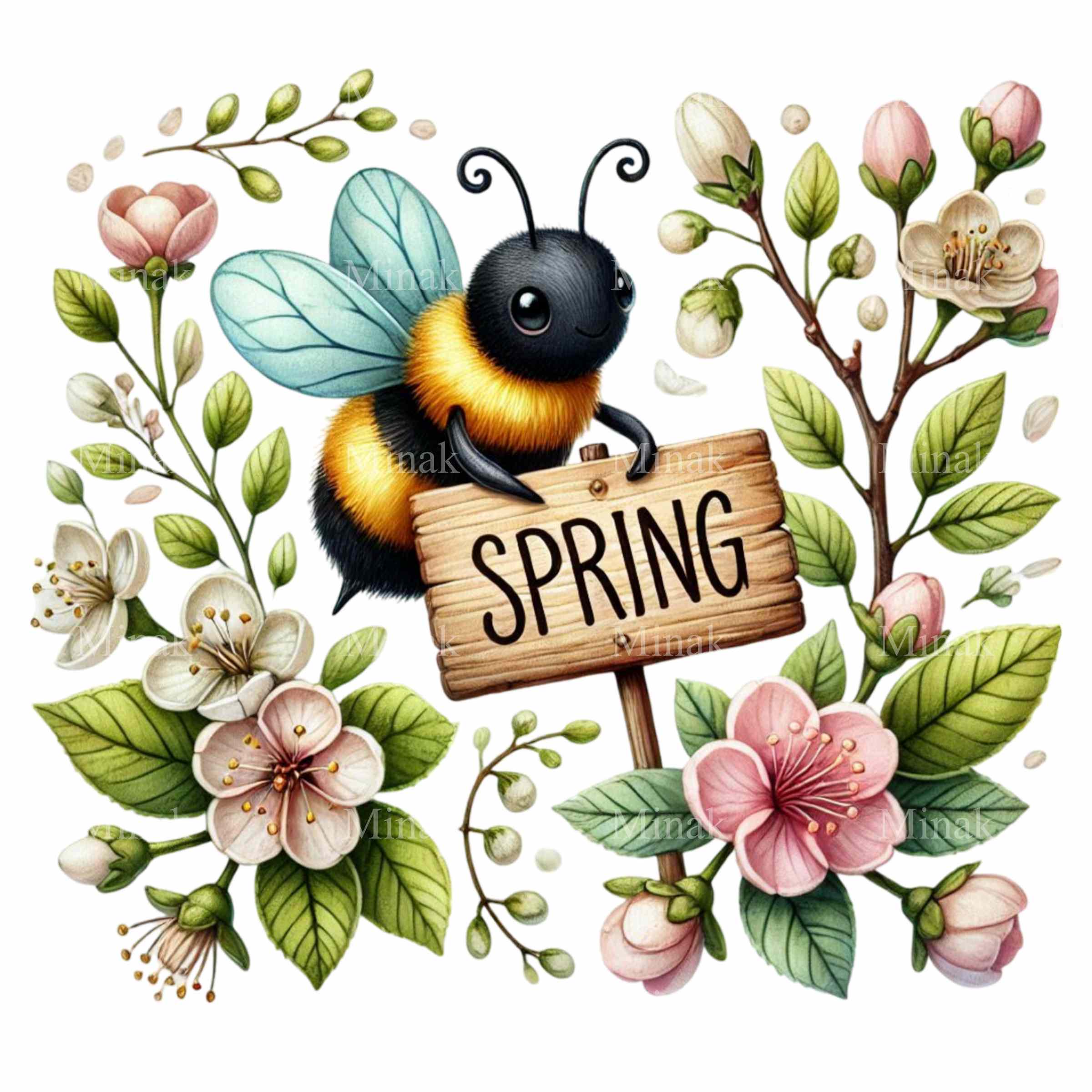 12 PNG Bee Clipart, Spring Sign Illustration, Floral Woodland Nursery ...