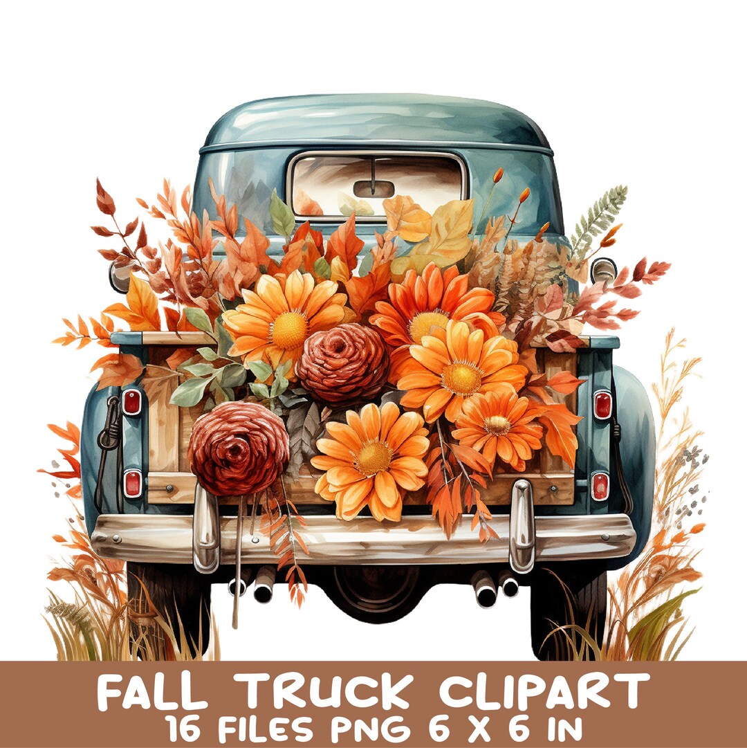 Autumn Truck Clipart PNG Vintage Truck With Fall Flowers and Leaves, 16 ...