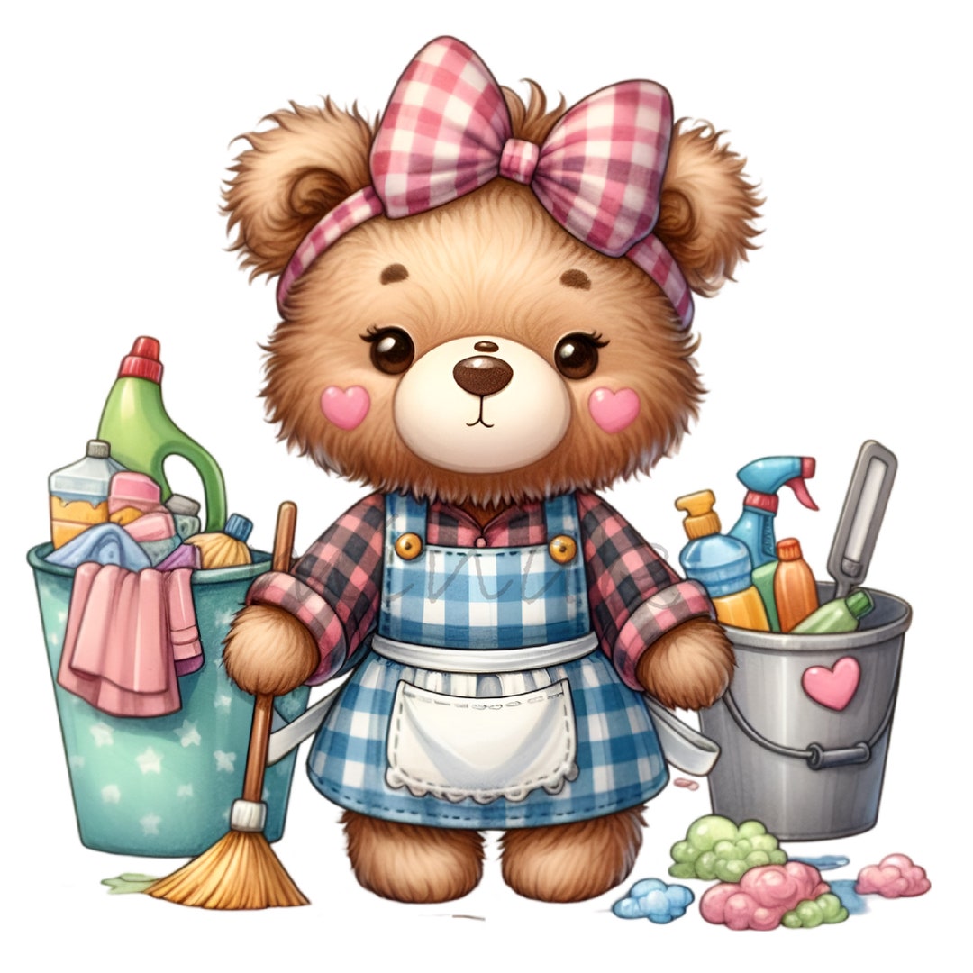 Cute Bear Homemaker Cleaning, Housewife, 12 PNG Cartoon Kids ...