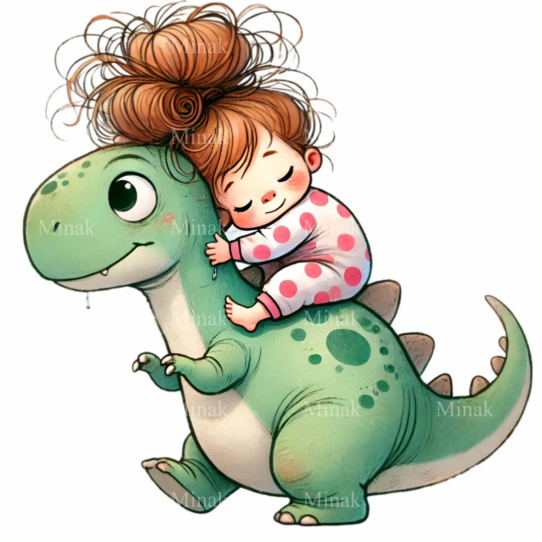 10 Baby Dinosaur Clipart PNG - Adorable Girl in Pajamas Riding a Cute ...