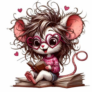 Cute Mouse Reading PNG Clipart With Fluffy Hair, Heart Glasses, and Bow ...