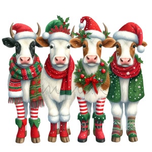 Christmas Cows Clipart, 12 Festive Holiday Cow PNG, Santa and Elf Cow ...