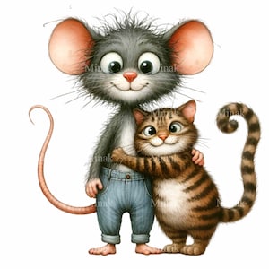 14 Funny Cat and Mouse PNG Clipart, Cute Fluffy Kitten Hugging a Mouse ...