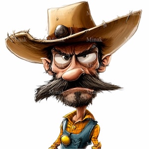 15 Funny Angry Cowboy PNG Clipart With Hat and Mustache, Whimsical ...