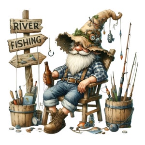 Fishing Gnome Clipart With River Sign and Fishing Gear 10 Whimsical and ...