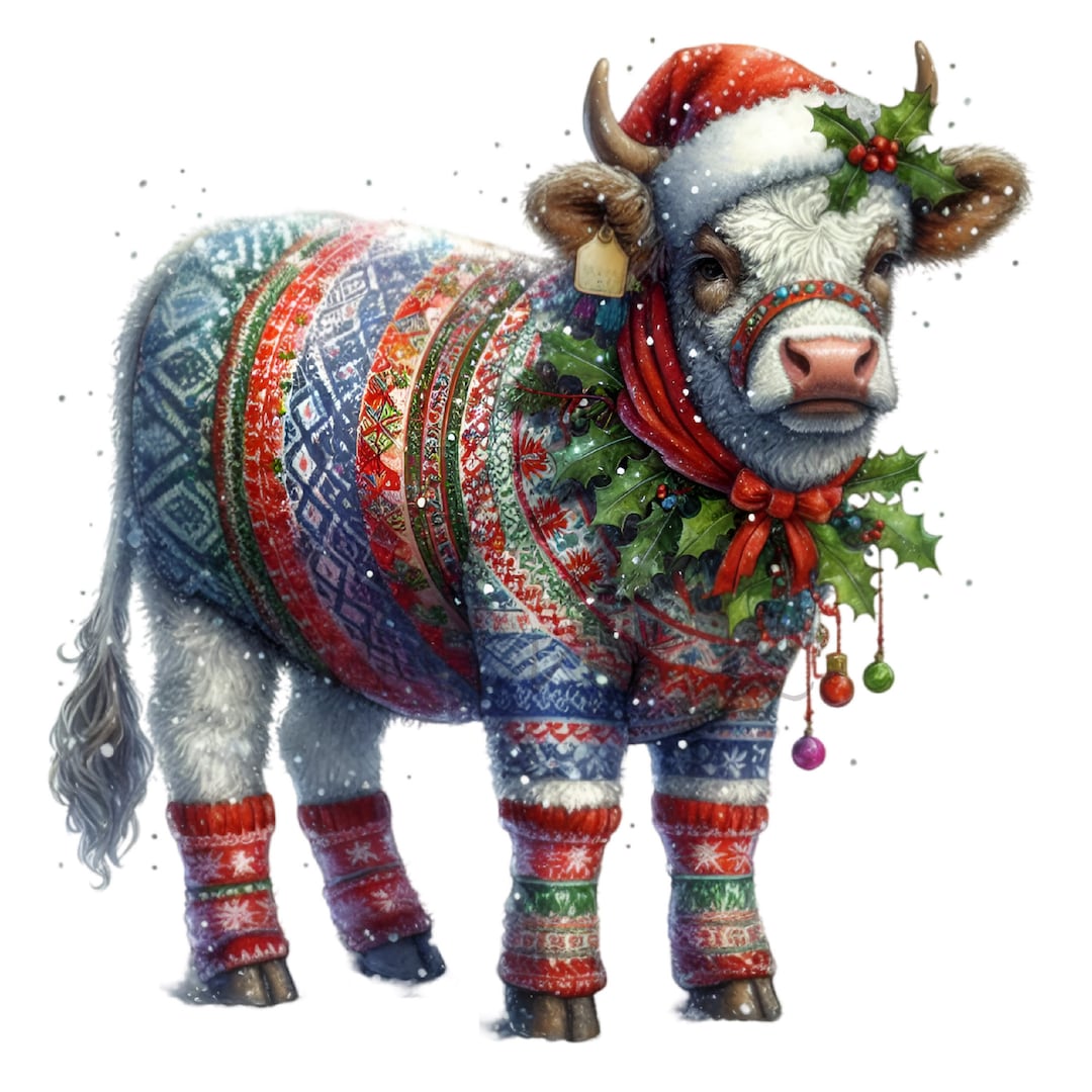 Festive Christmas Cow Clipart 12 Adorable Cow in Holiday Sweater and ...
