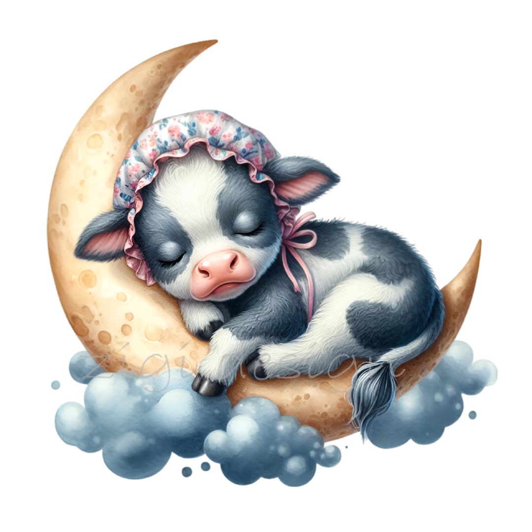 12 PNG Sleeping Calf Clipart – Baby Cow on Moon PNG – Nursery Animal ...
