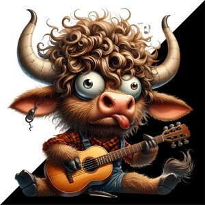10 Rockstar Highland Cow Clipart PNG | Cute Cow With Guitar and Leather ...
