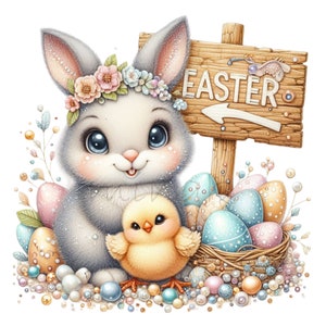 Rabbit Clipart, Chick Clipart, Easter Sign Clip Art, 15 PNG Watercolor ...