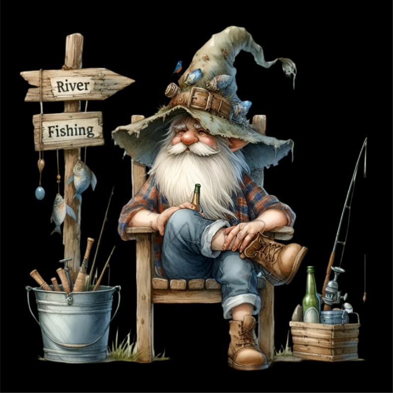 10 PNG Fishing Gnome Clipart – Summer PNG – Whimsical Bearded Man for ...