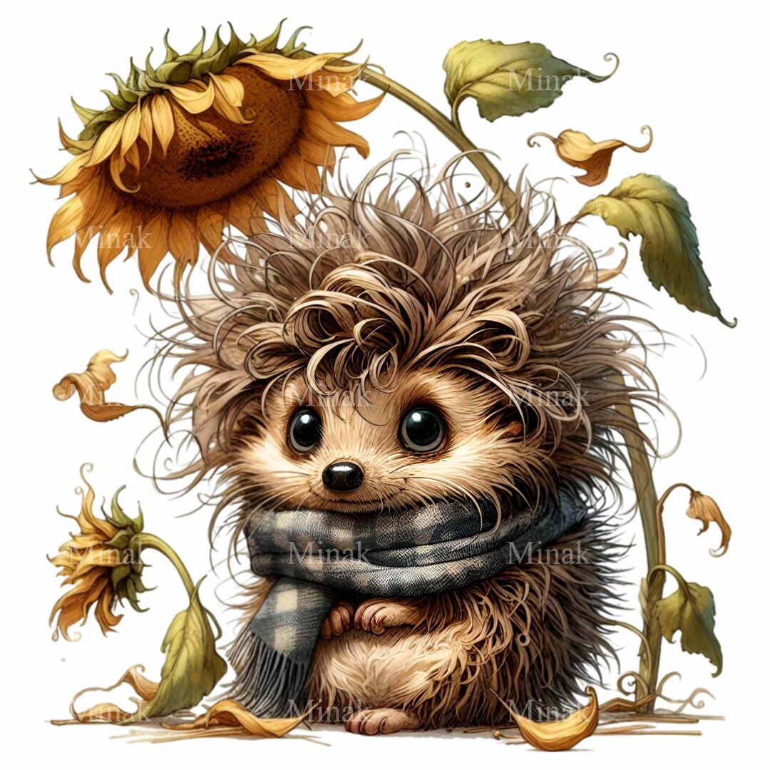 Hedgehog With Fluffy Fur, Scarf, and Sunflower PNG Clipart - 12 Cute ...