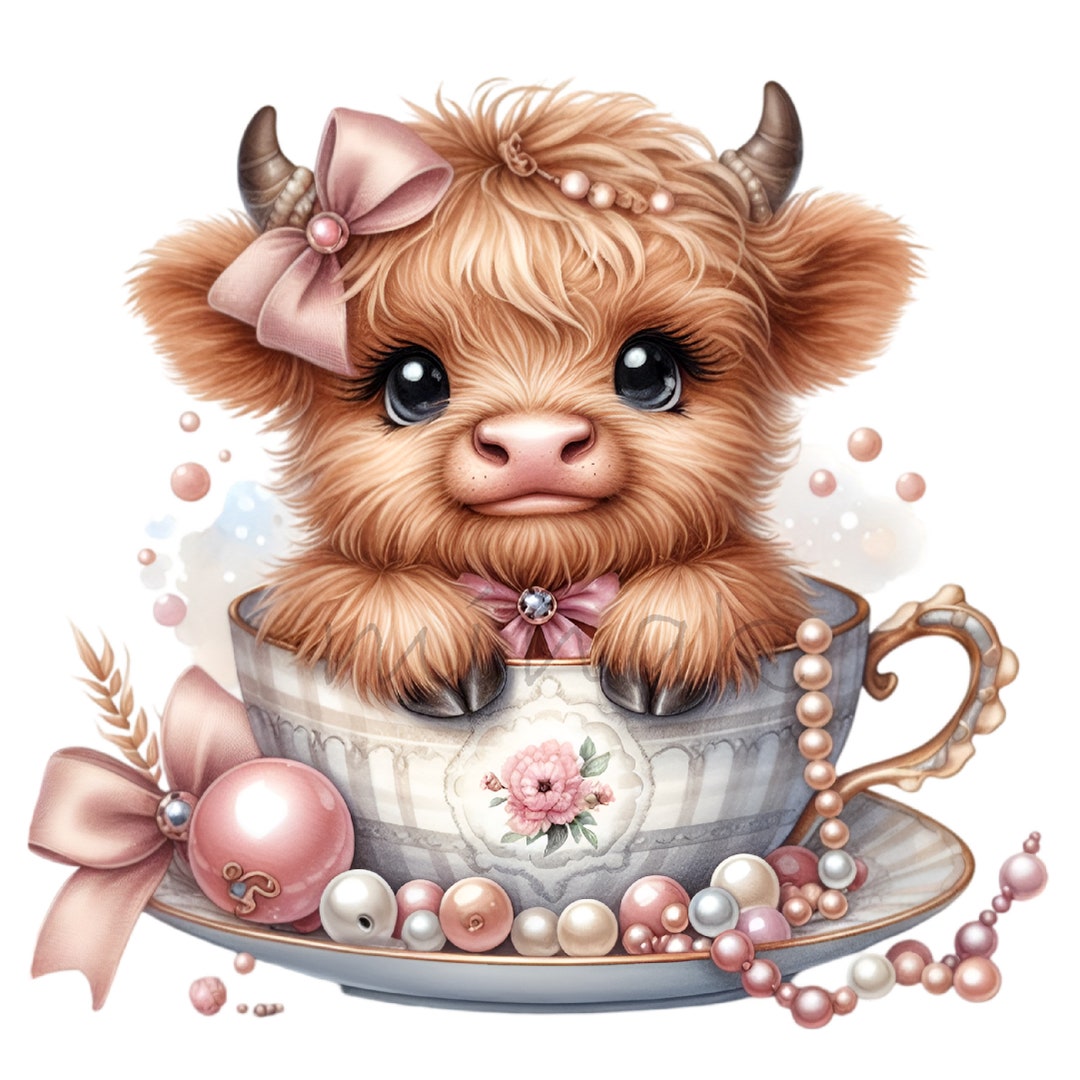 Cute Highland Cow Baby Tea Cup Party Nursery Wall Art Clipart 12 PNG - Etsy