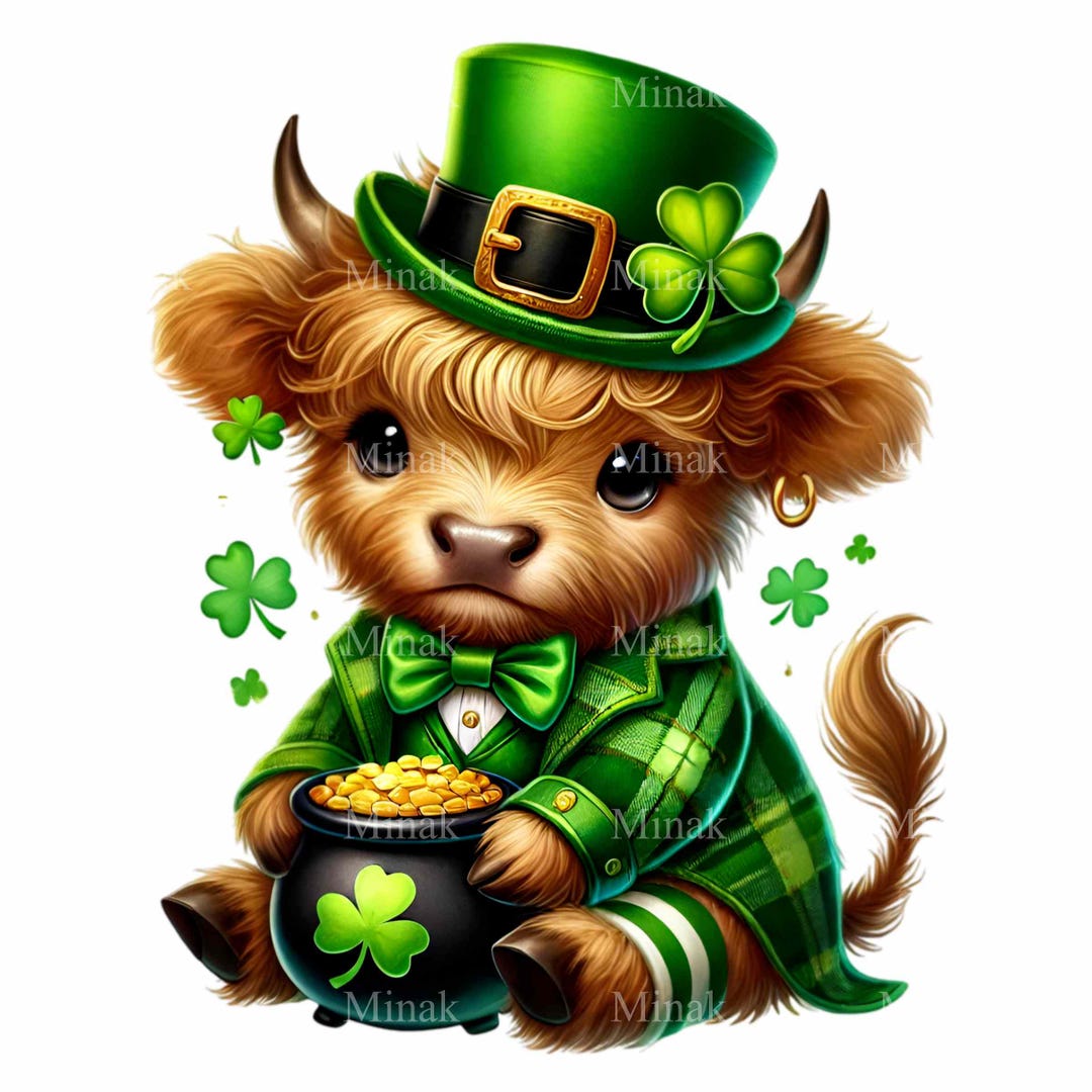 10 Irish Highland Cow PNG Clipart - Cute Cow in Green Outfit With ...