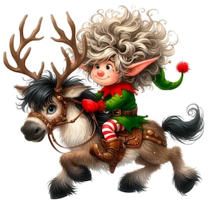 Whimsical Christmas Elf Riding Reindeer Clipart PNG - C10 Ute Festive ...