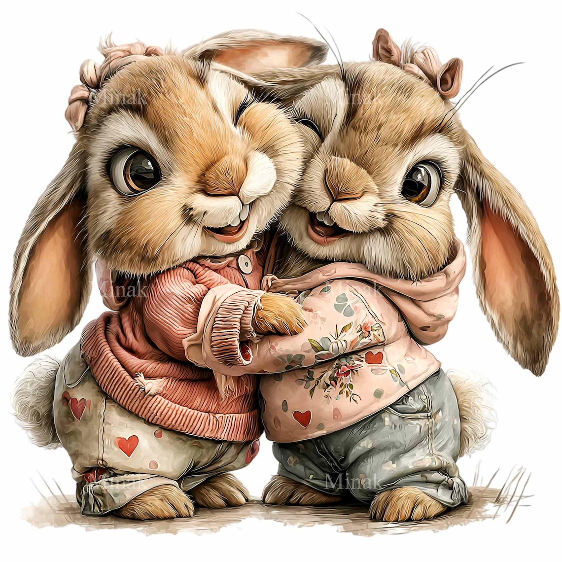15 PNG Bunny Couple Clipart – Hugging Rabbits Watercolor Friends ...