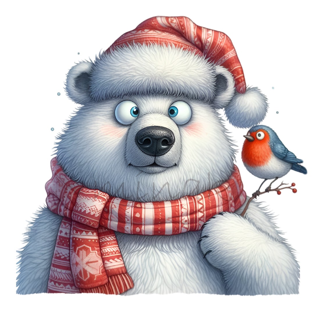 Polar Bear Christmas Clipart, Santa Hat and Scarf Illustration, Festive ...