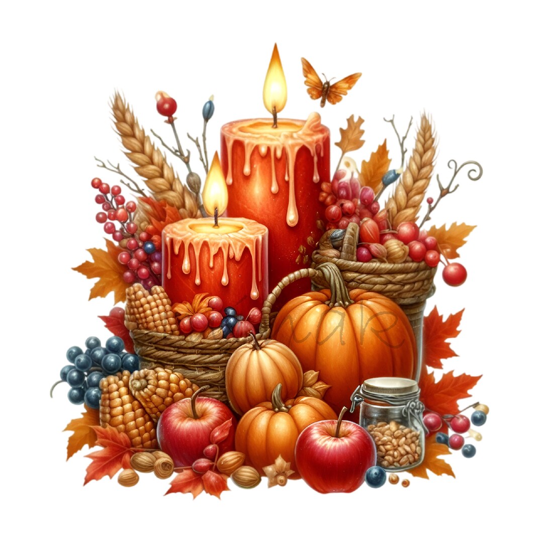 Autumn Harvest Candle Clipart PNG, 12 Fall Decor With Pumpkins, Apples ...