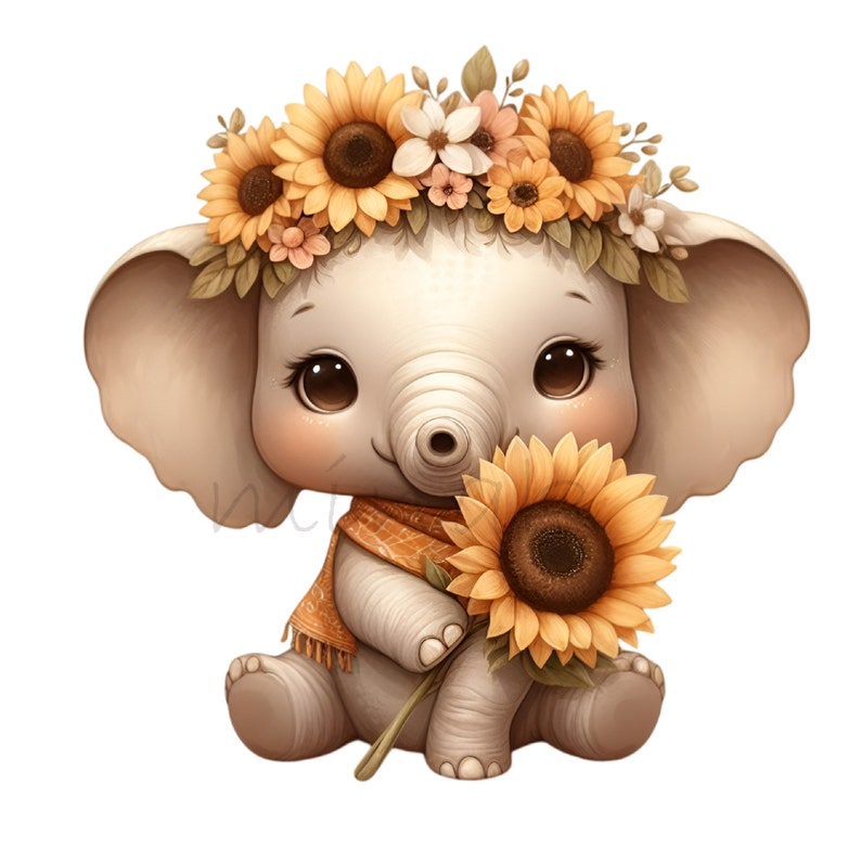 12 PNG Elephant Sunflower Farm Animal Clipart, Nursery Digital Download ...