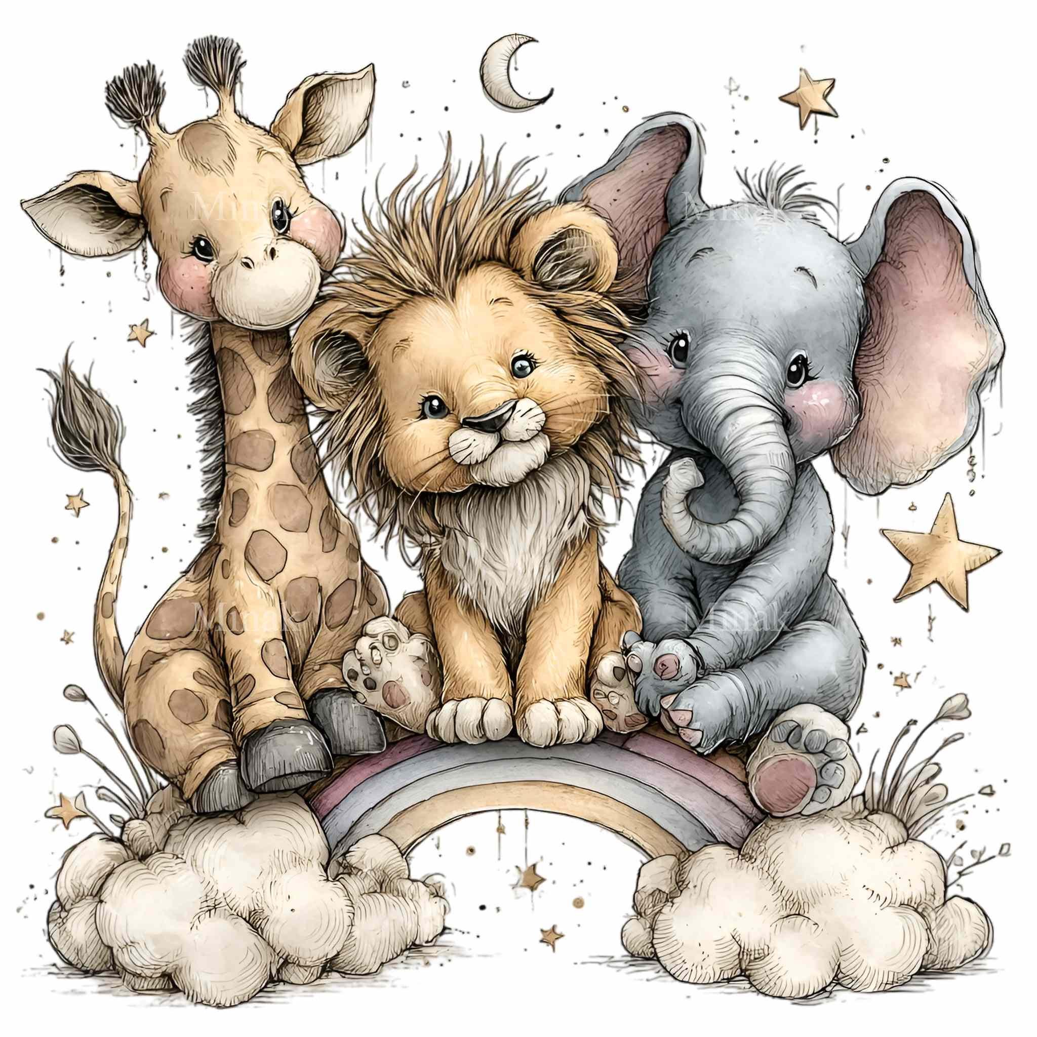 12 PNG Safari Baby Animals Clipart – Lion Giraffe Elephant PNG – Jungle ...