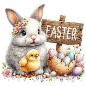 Rabbit Clipart, Chick Clipart, Easter Sign Clip Art, 15 PNG Watercolor ...